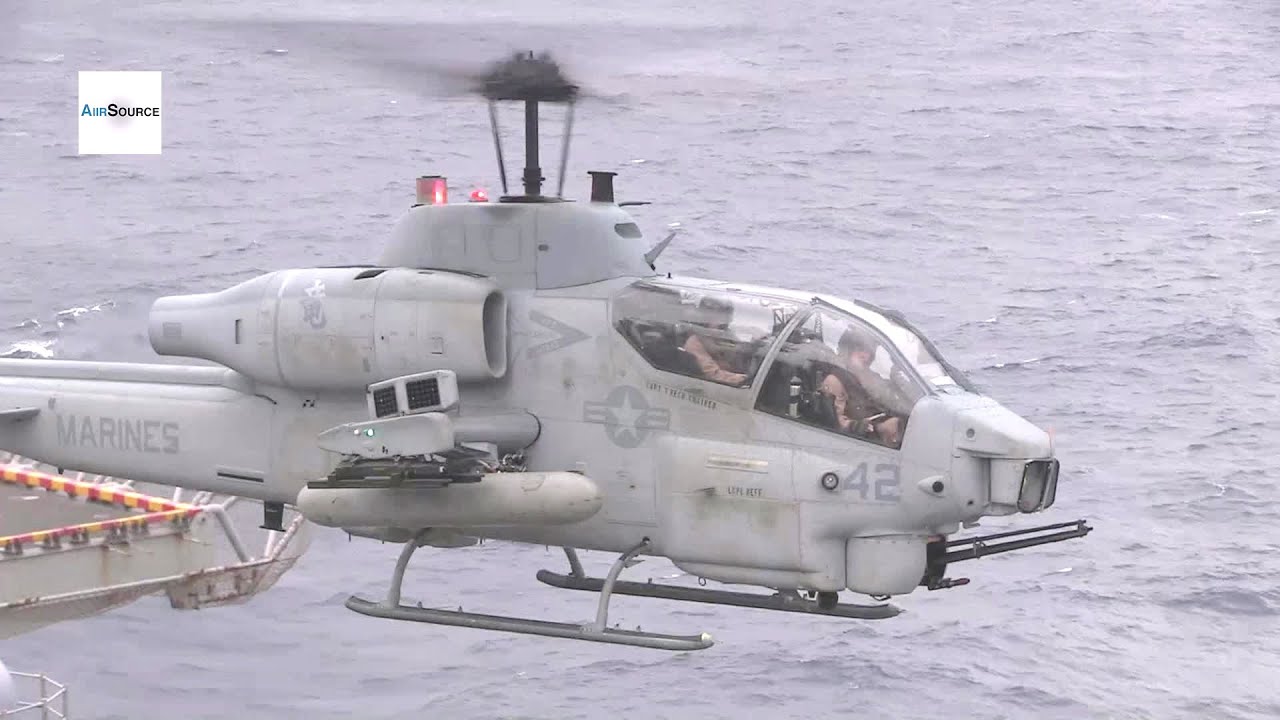 MV-22 Osprey, AH-1W Cobra, UH-1Y Huey Landing/Take-off from Ship - YouTube