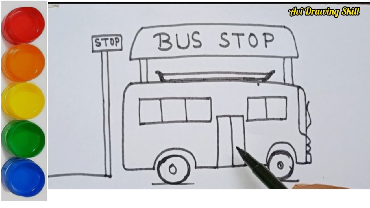 How To Draw Bus And Bus Stop/ Bus Drawing Step By Step - YouTube
