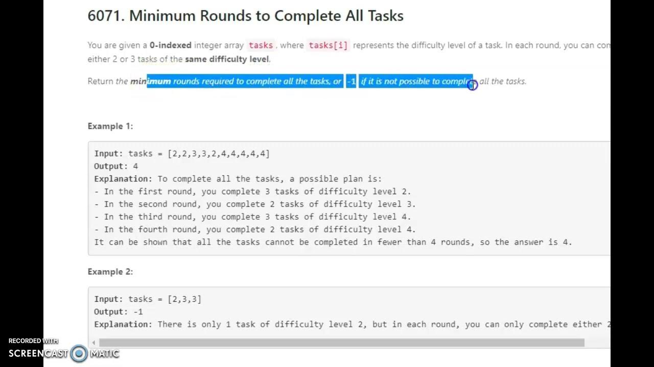 Minimum Rounds To Complete All Tasks Leetcode Weekly Contest 289 Youtube