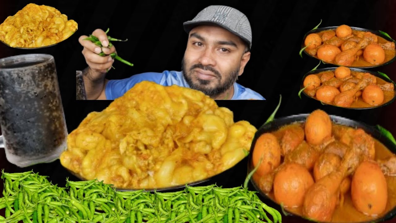 Eating Spicy Mutton Fat, Fatty Oil, Chicken & Egg Curry With Green ...