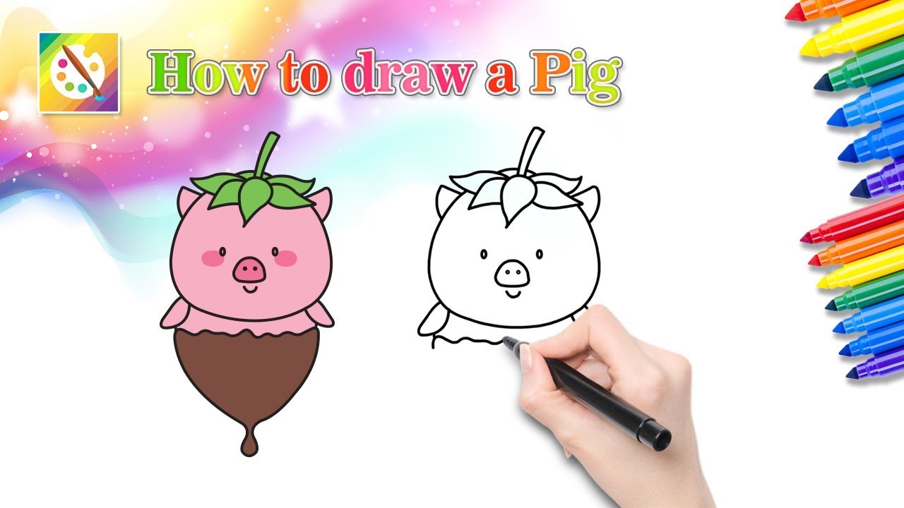 How to draw Pig cute then coloring with pink, brown, green colors - YouTube