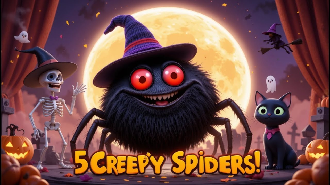 "Five Creepy Spiders | Funny Halloween Song for Kids | Dance & Sing ...