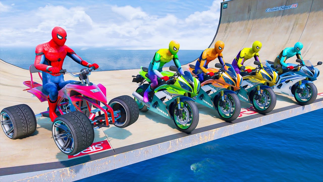 SUPERHEROES ON A MOTORCYCLE WITH SPIDERMAN SUITS - JUMP FROM ONE BALL ...