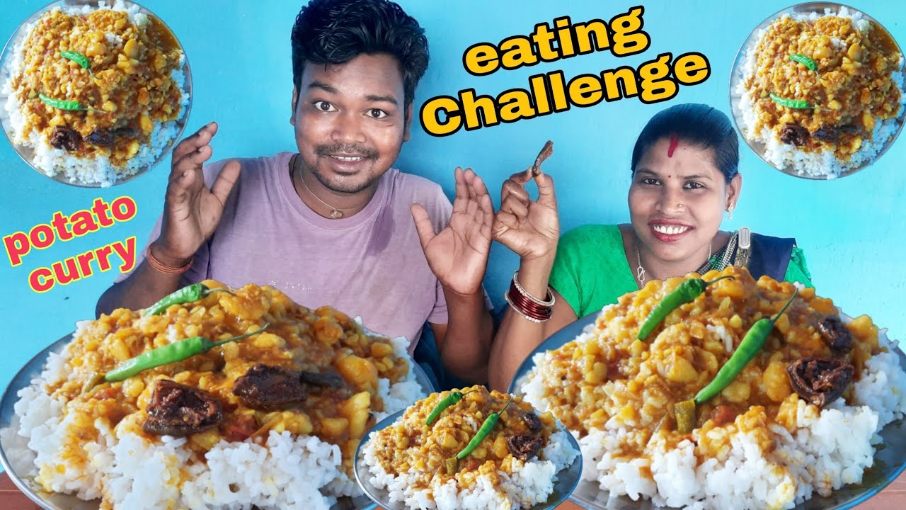 eating challenge | boiled potato tomato curry with rice eating | eating ...