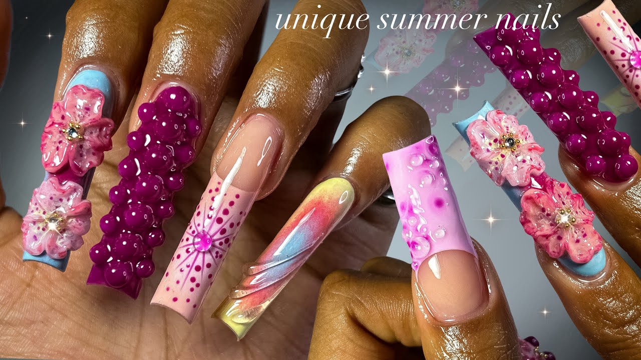 Unique Summer Nails!🍇🌸☀️| long acrylic application + extra nail art ...