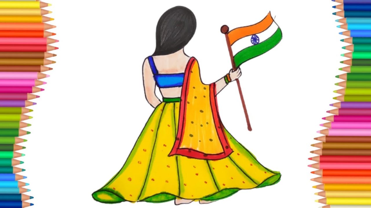 Traditional Girl Drawing With Indian Flag | Girl Drawing Holding Flag ...