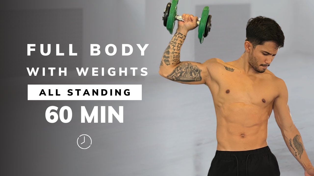 60 MIN FULL BODY DUMBBELL Workout - ALL STANDING - Strength Training At ...