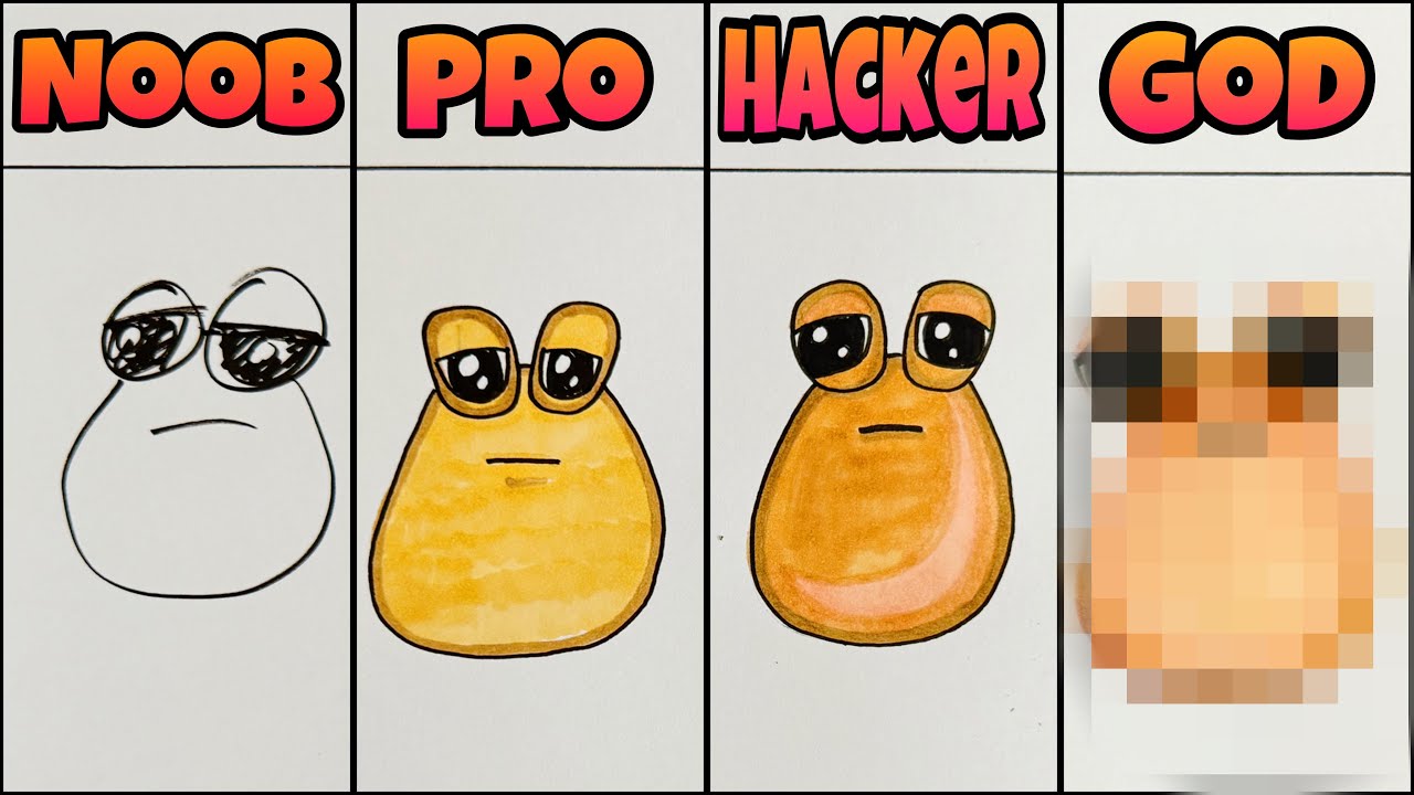 Drawing Sad Pou but Noob, Pro, Hacker and God | Dibujo a triste Pou ...