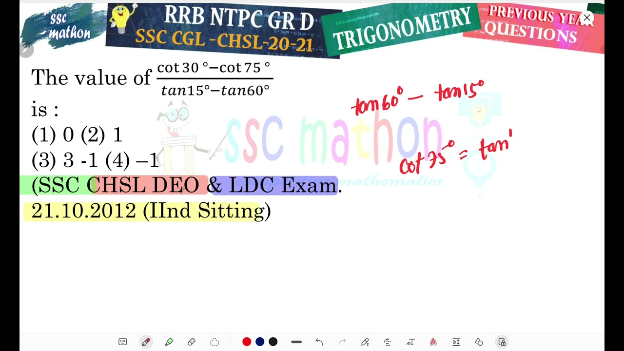 The value of (cot 30 °−cot 75 °)/(t𝑎𝑛15°−𝑡𝑎𝑛60°)is - YouTube