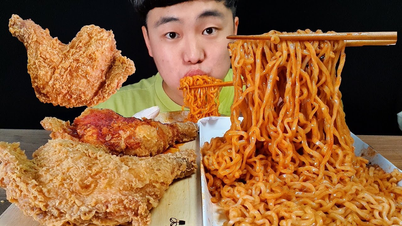 불닭볶음면 맘스터치 후라이드통다리 치킨 먹방 Asmr Mukbang Spicy Fire Noodles And Fried