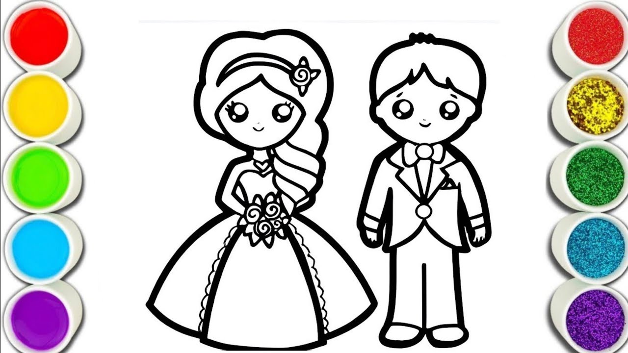 How to Draw a Wedding Bride and Groom Drawing for Children | step by ...