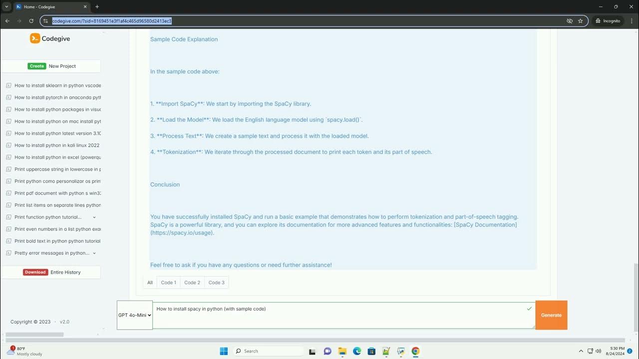 How to install spacy in python with sample code - YouTube