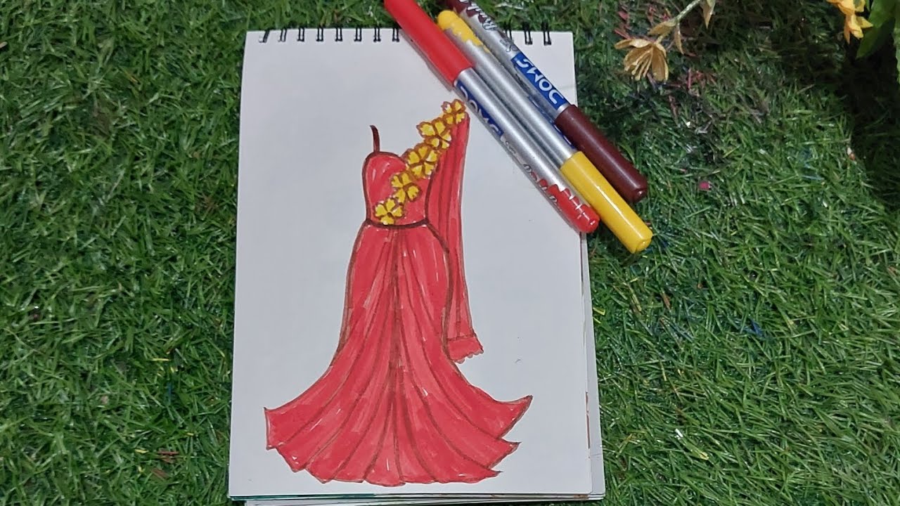 how to draw a beautiful saree drawing 💖!!brush pen#shots#video - YouTube
