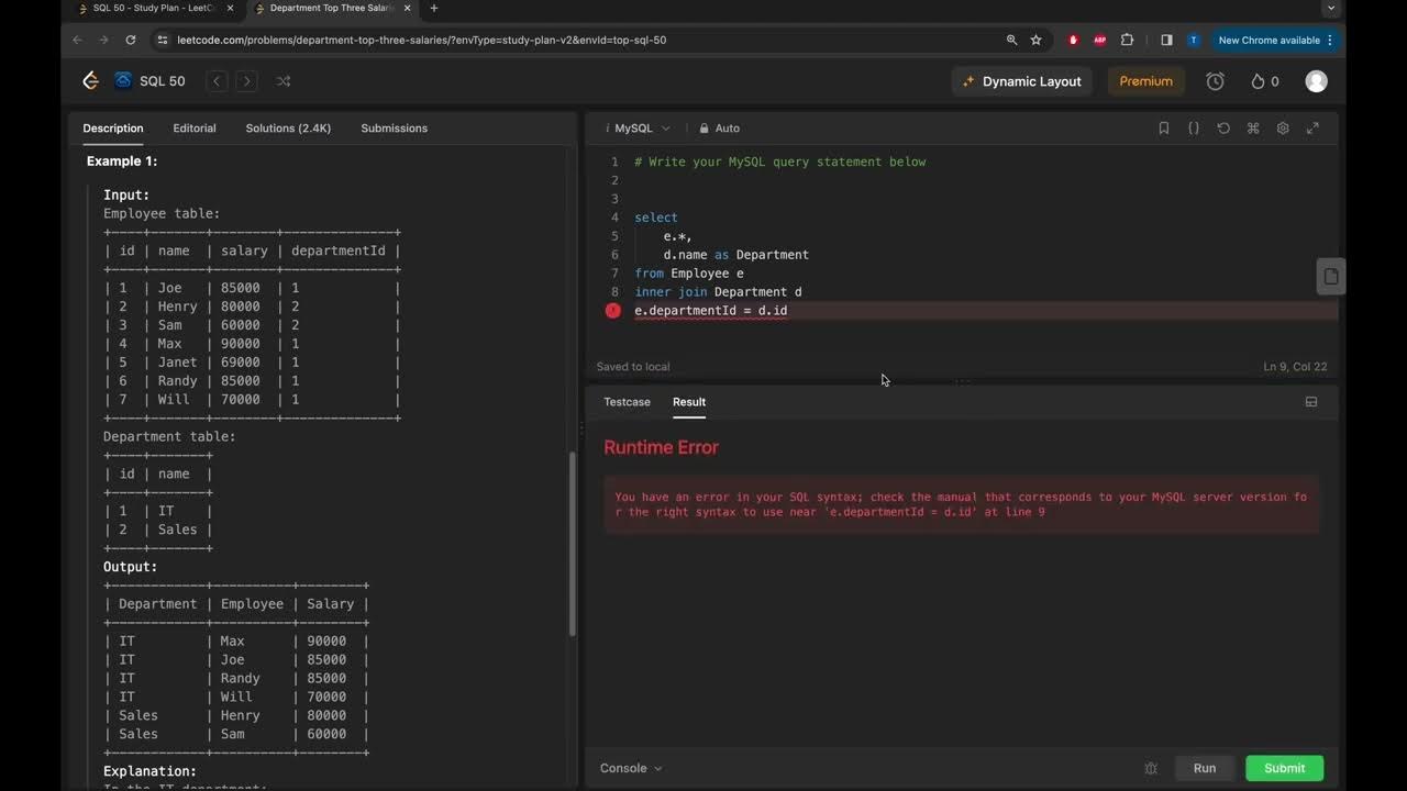 Leetcode SQL 50 | 185. Department Top Three Salaries Solution - YouTube