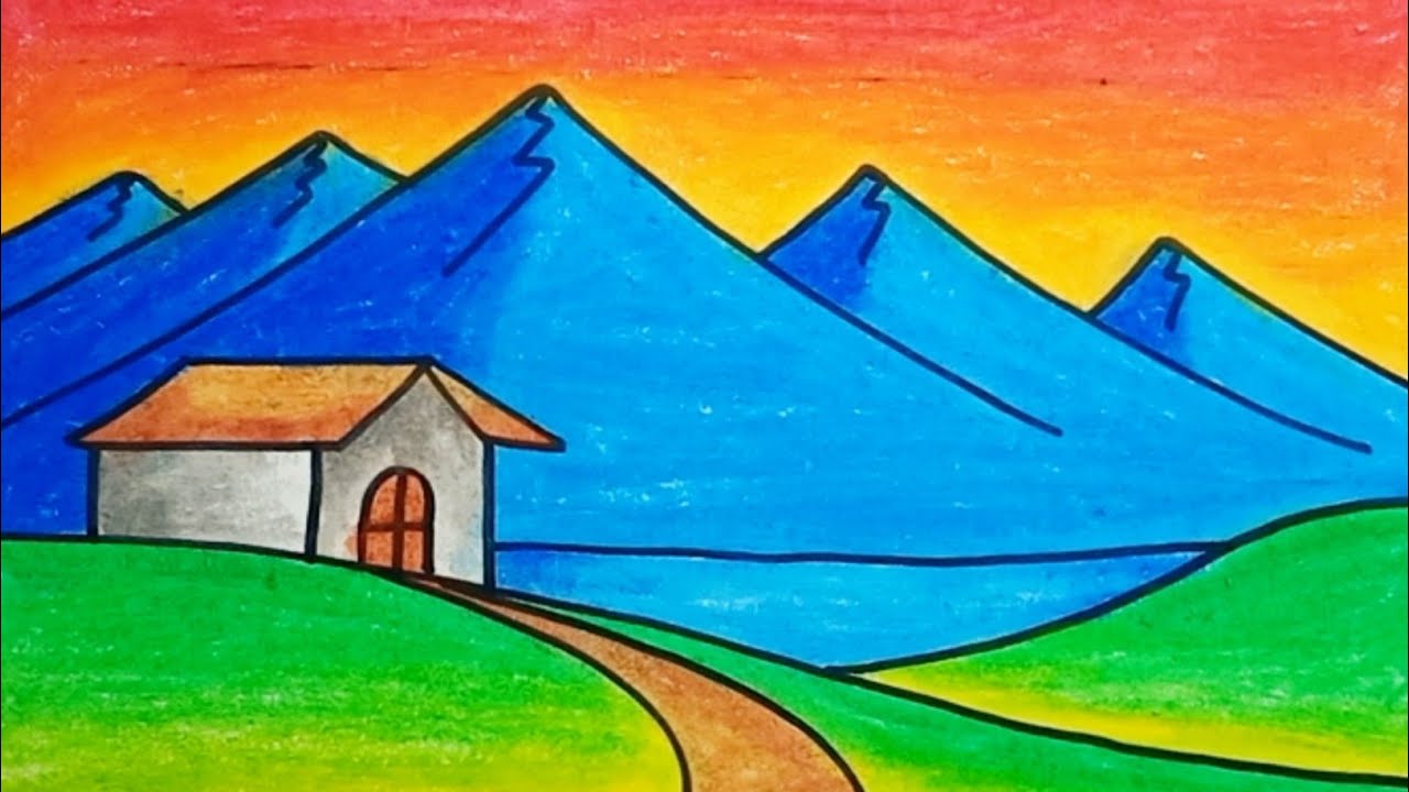 How To Draw Nature Scenery Mountain And House |Drawing Scenery Easy ...