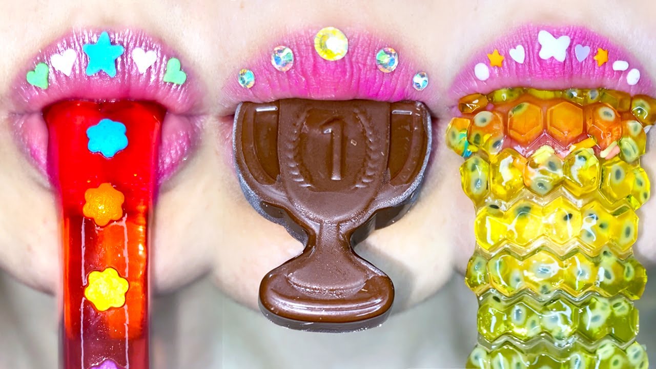 트로피 초콜릿 벌집 젤리 먹방 ASMR TROPHY CHOCOLATE RED LONG JELLY HONEYCOMB SLIME ...