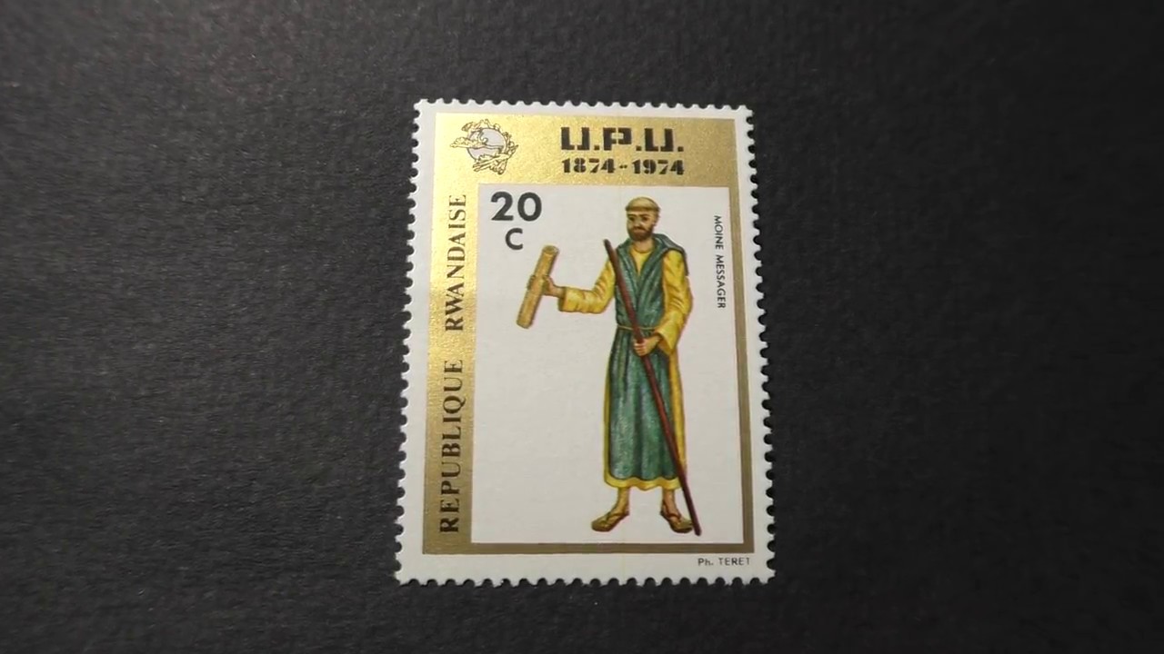 Postage stamp. Republique Rwandaise. U.P.U. 1874-1974. Moine Messager ...