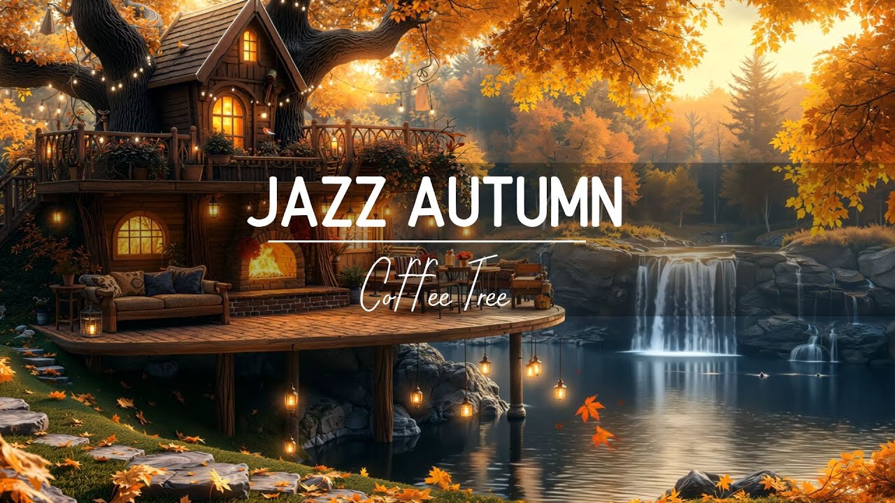 Autumn Jazz 🍂 Relaxing Jazz, Cafe Under Autumn Trees and Warm Fireplace ...