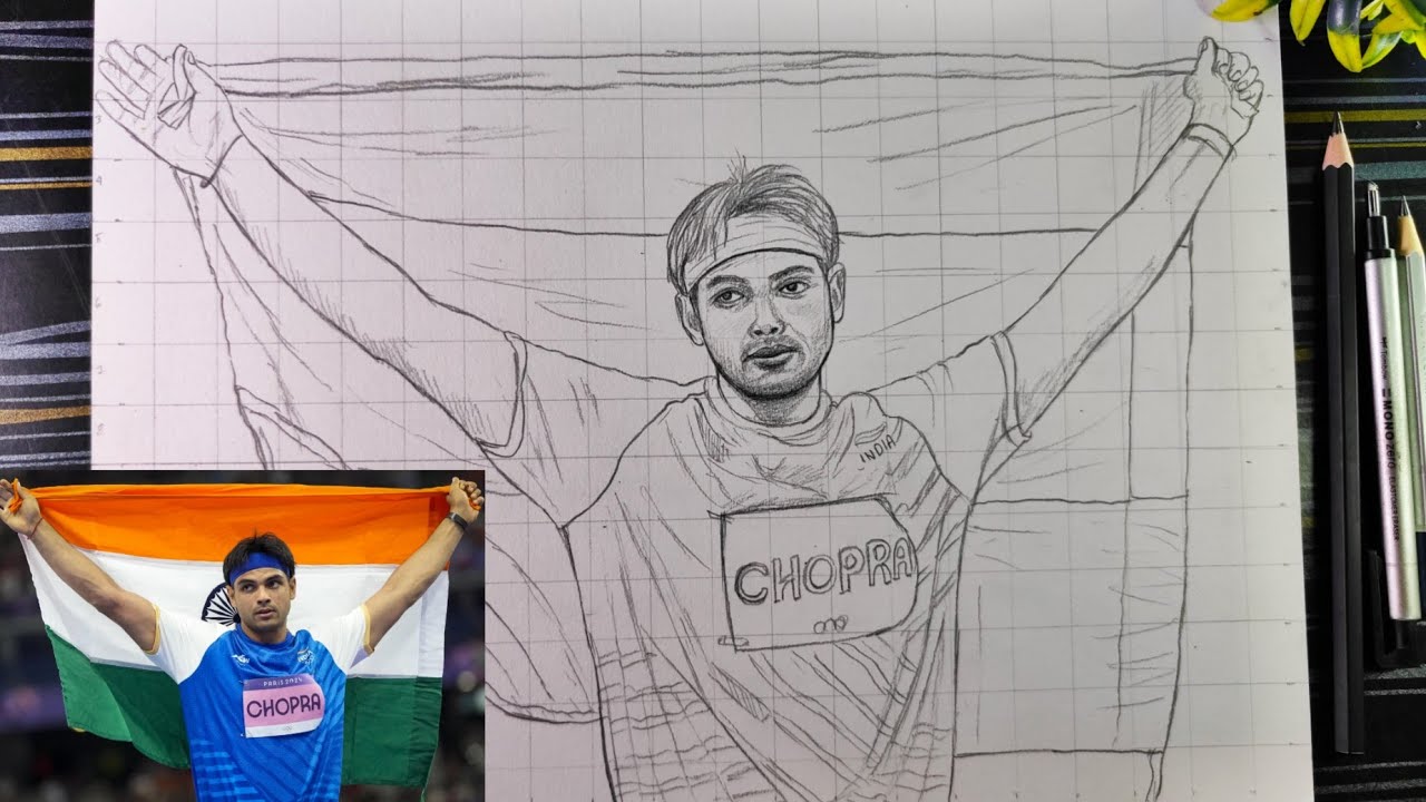 Niraj Chopra Drawing Outline, How to Draw Niraj Chopra With Indian Flag ...