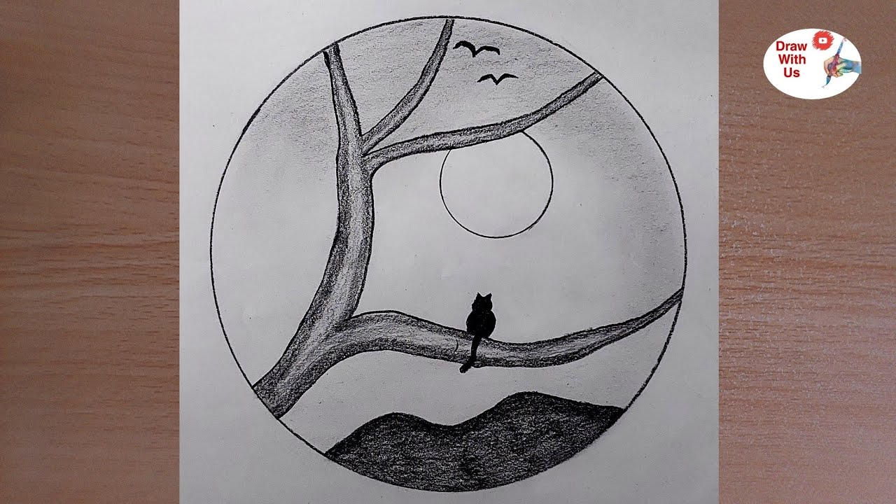 Tree and Cat Landscape Drawing | Pencil Drawing Step by Step | Super ...