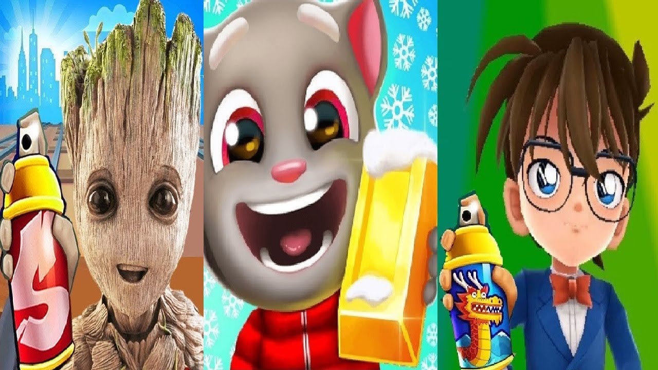 Talking Tom Gold Run VS Subway Surfers Chinese Version Subway Surfers Mod Groot Santa Tom Conan ...