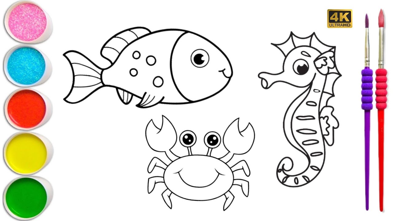 How to draw Sea Animals for kids | Easy step by step Fish, crab, Sea ...