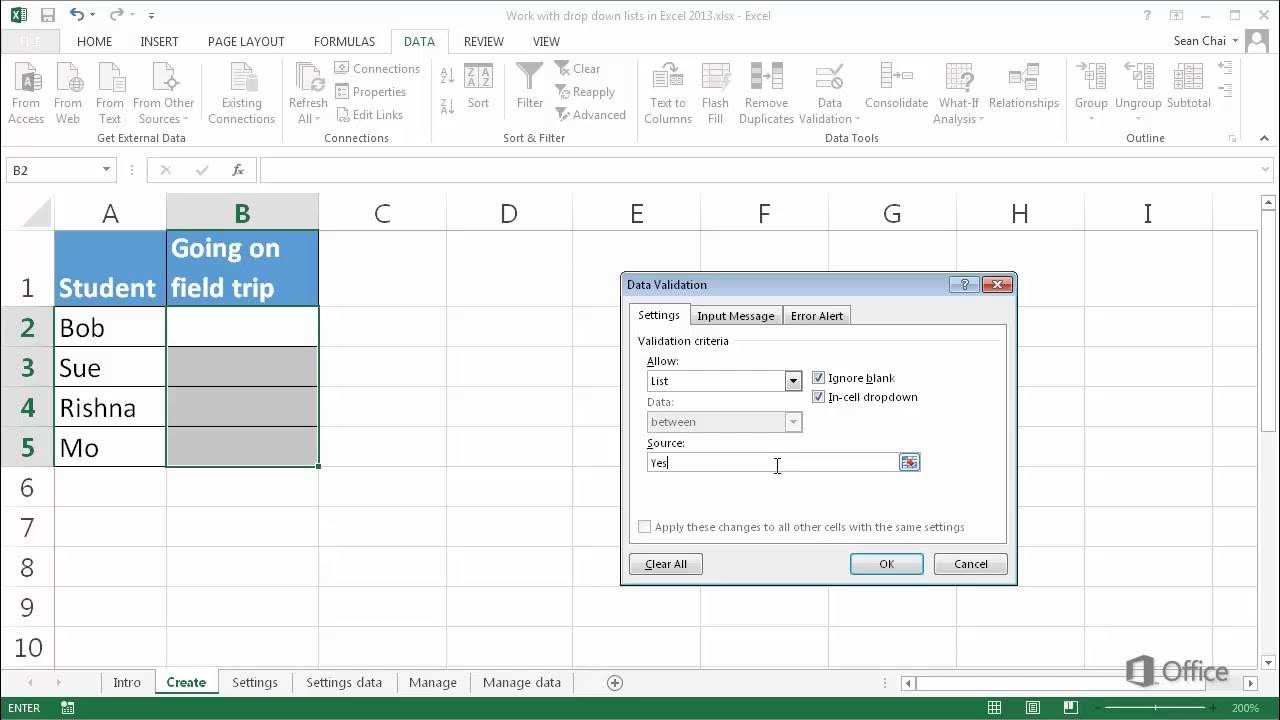 [5.1] - Microsoft Excel Tutorial - Drop down lists - YouTube