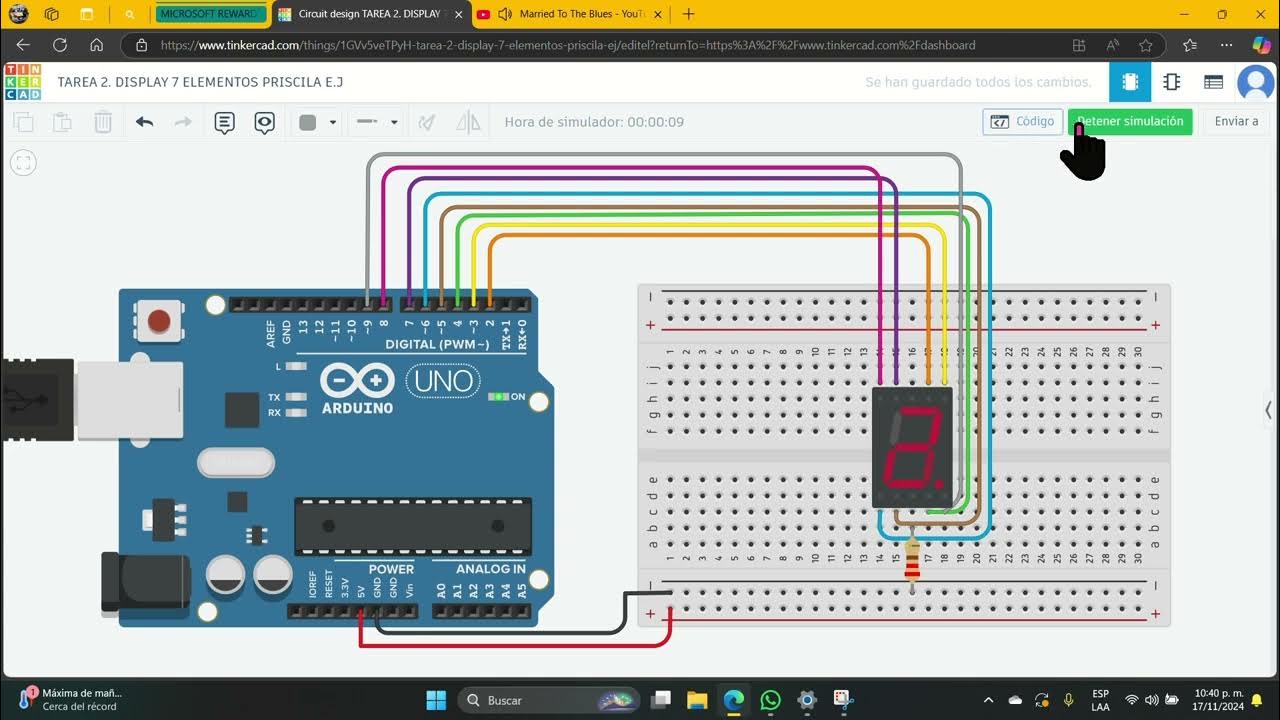 Modelo en funcionamiento de Display Contador de 7 Elementos TINKERCAD y código programado en ...