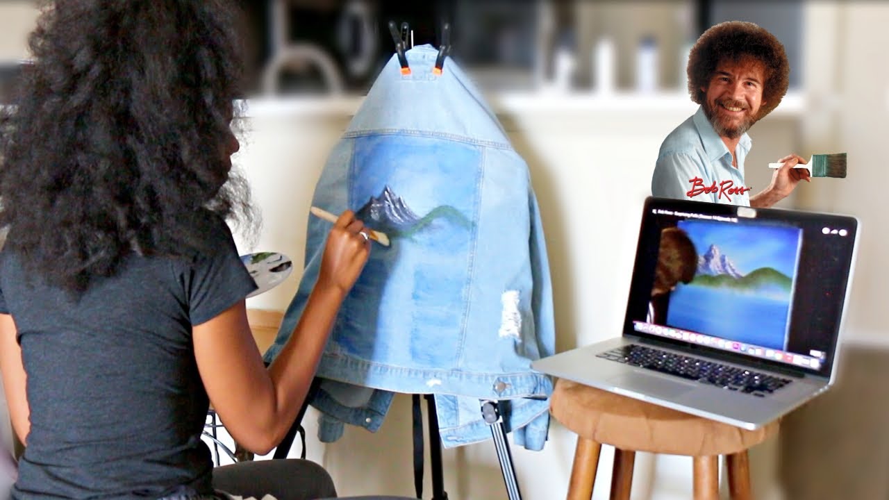 DIY Painted Denim Jacket (Following a Bob Ross Tutorial) - YouTube