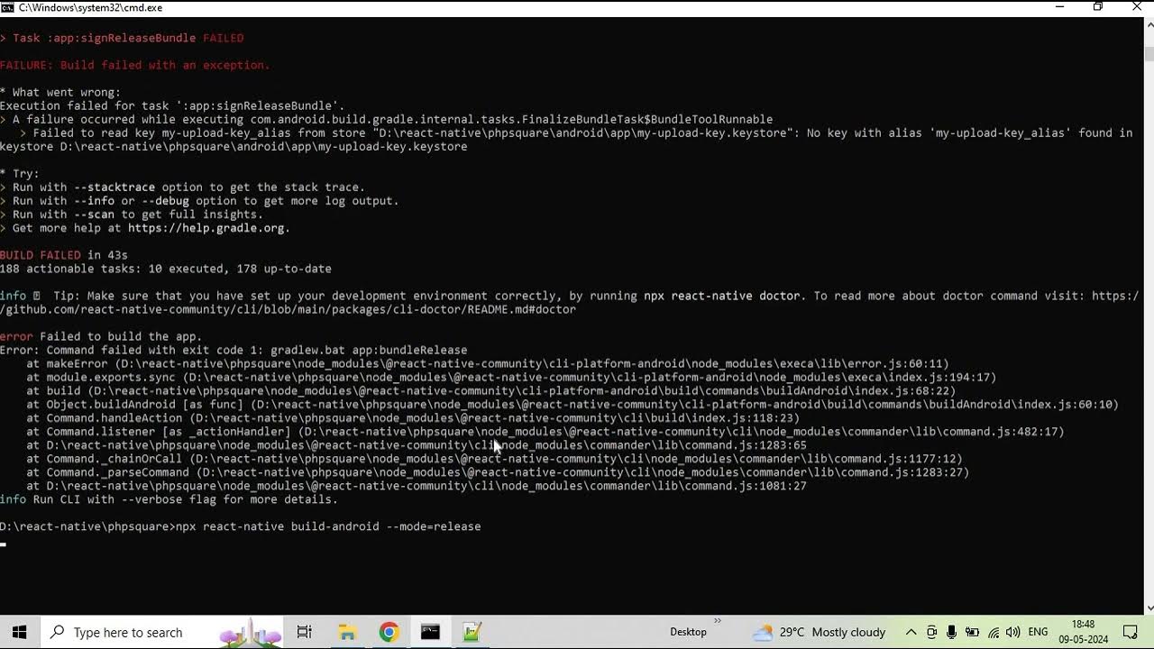 No key with alias 'my-upload-key_alias' found in keystore android\app\my-upload-key.keystore ...