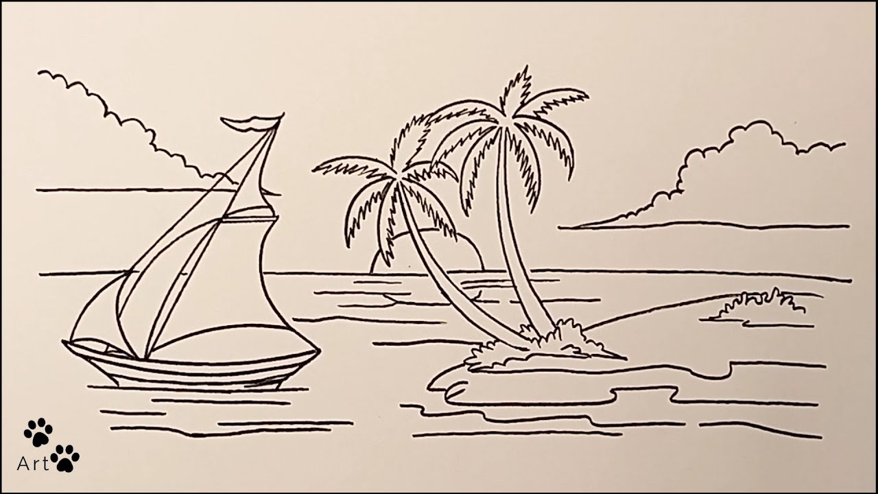 How to draw a sea beach scenery easy - YouTube