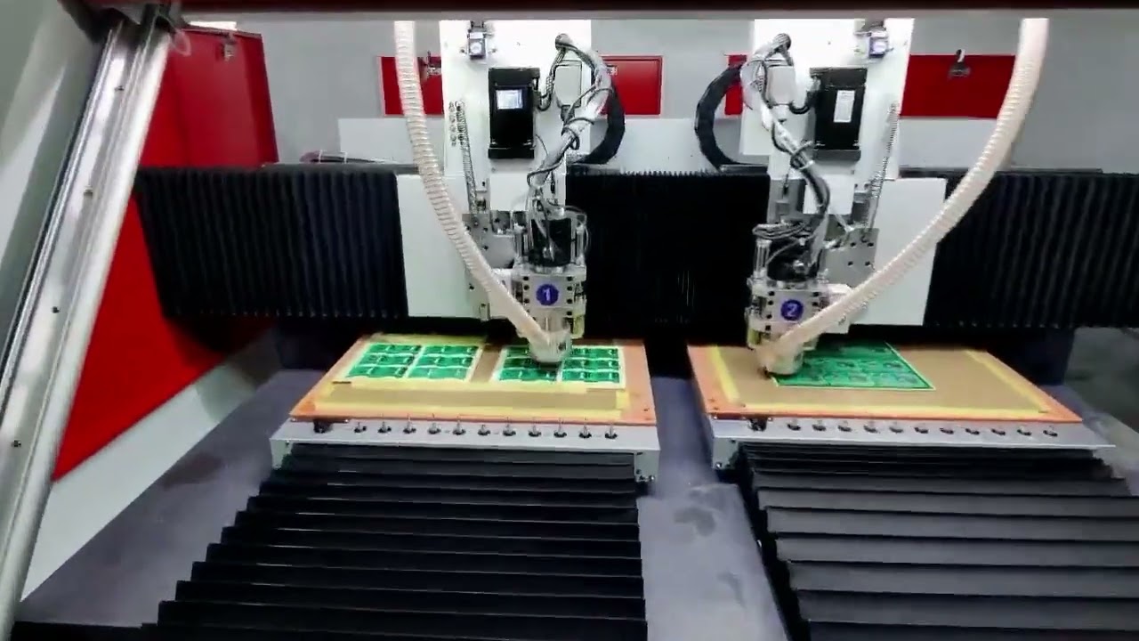 2 spindle multiple station CNC PCB routing machine - YouTube