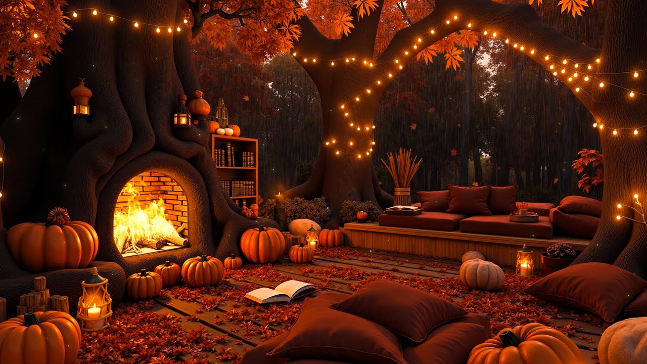 Autumn Evening Ambience 🍁 | Crackling Fireplace & Rain Sounds | Perfect ...