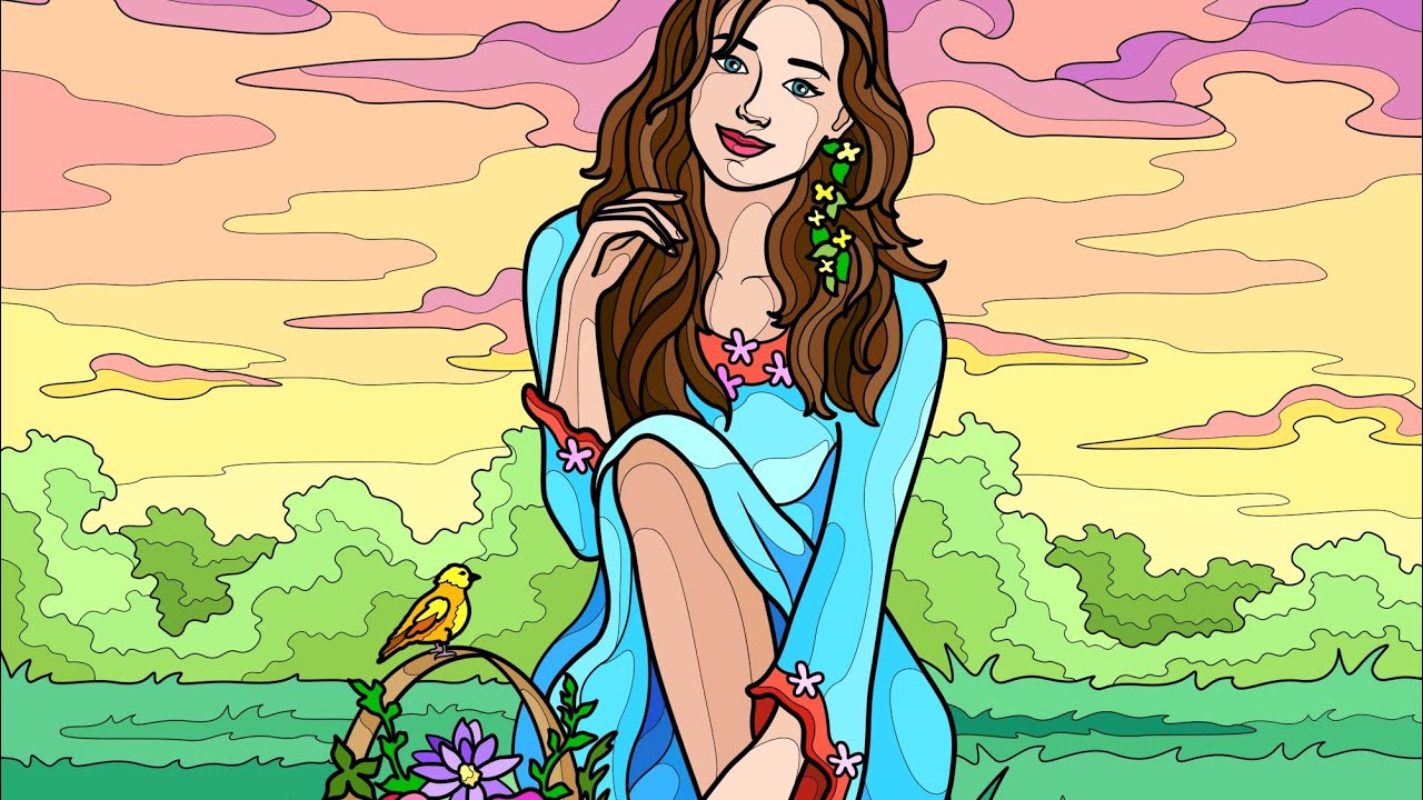 Woman in Blue Dress Picking Flowers Hey Color app Online Game Paint by ...
