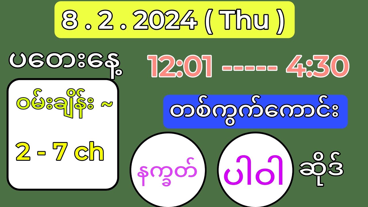 ပတေးနေ့ 8 2 2024 2~7ချိန်းနှင့်ဆိုဒ်ဘိုင်တစ်ကွက်ကောင်း နက္ခတ်၊ပါဝါဆိုဒ