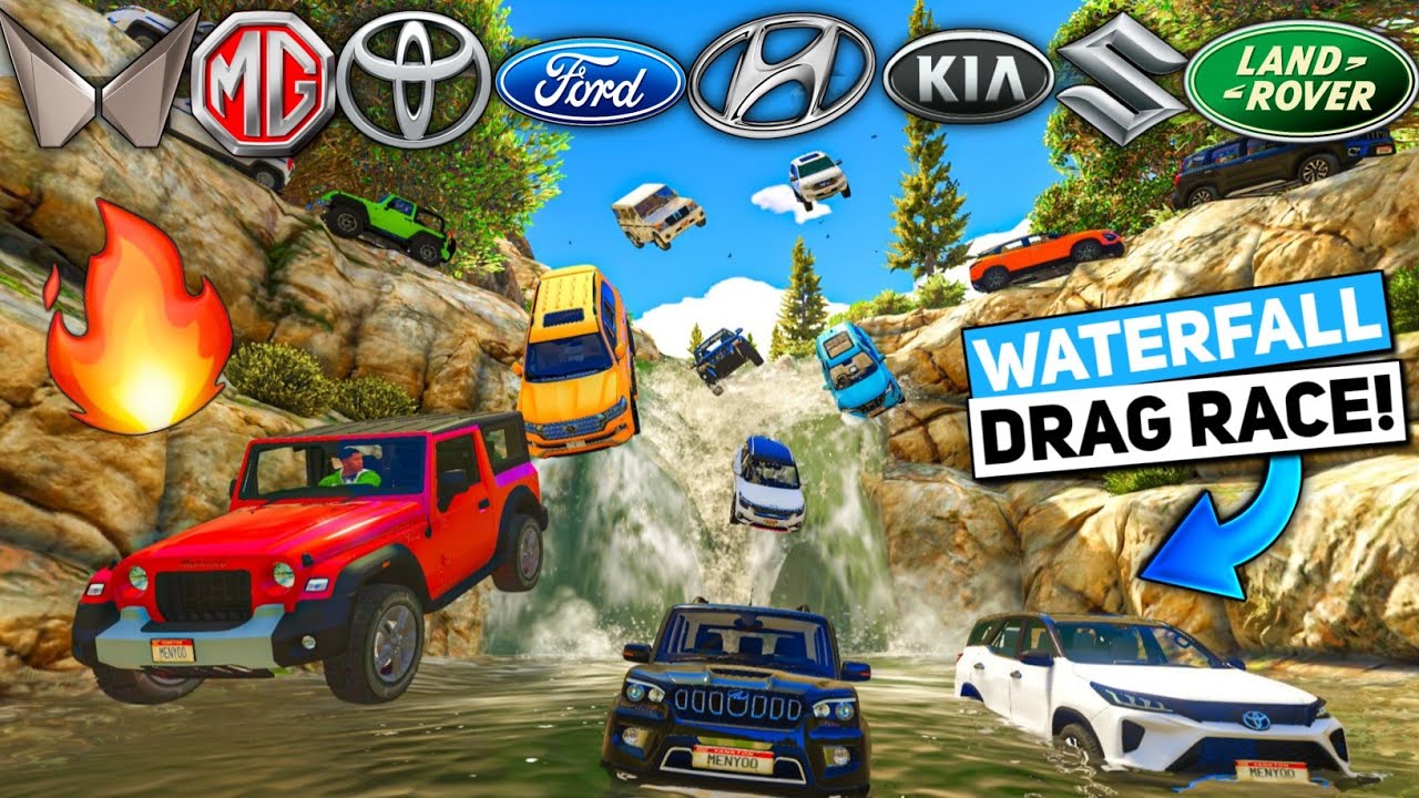GTA 5: INDIAN CARS JUMP ON WATERFALL 🌊 DEEPEST WATERFALL DRAG RACE 🔥 ...