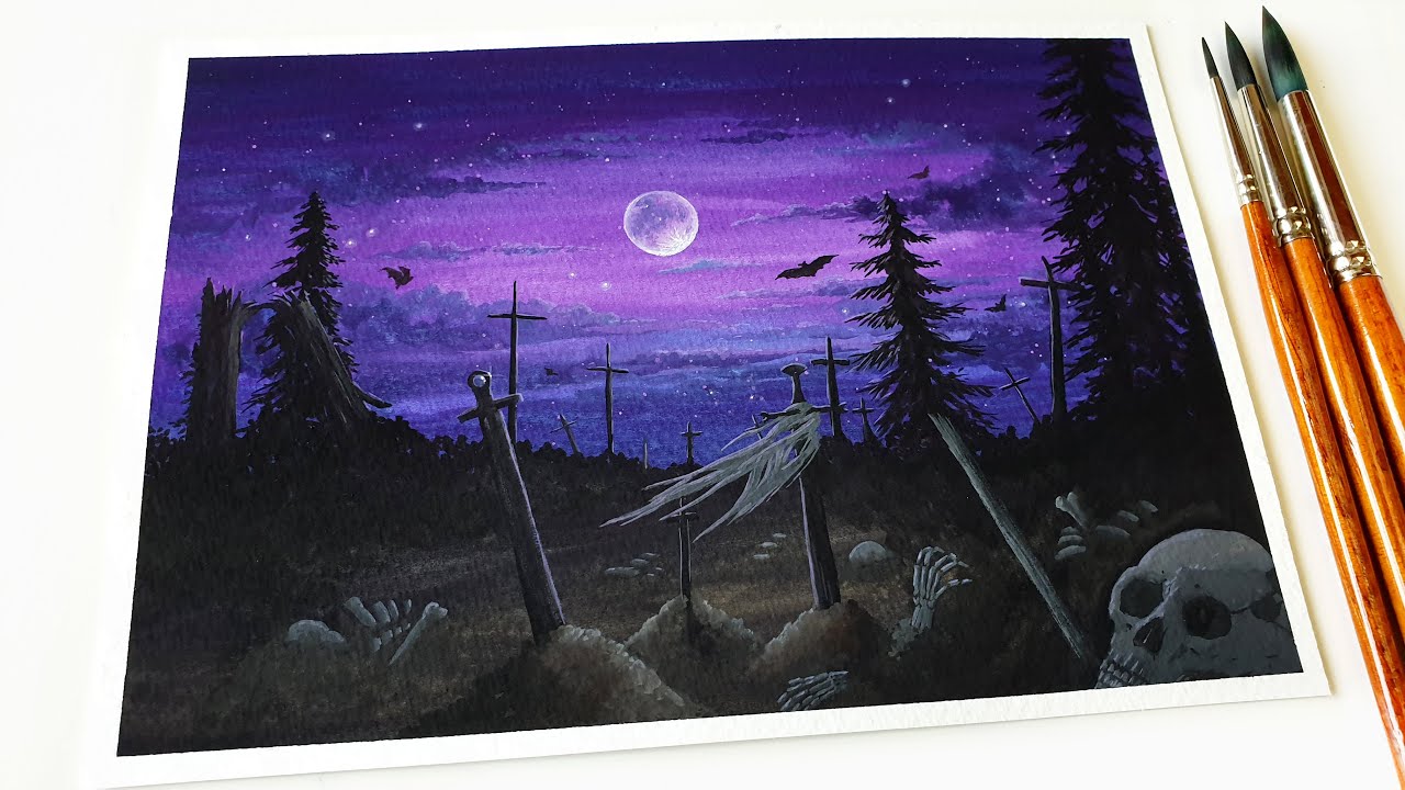 Spooky Night Landscape Painting with Gouache ｜ Halloween Painting - YouTube