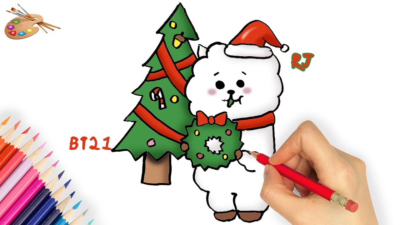 How to draw a lamb with a Christmas tree. How to draw bt21 RJ easy ...