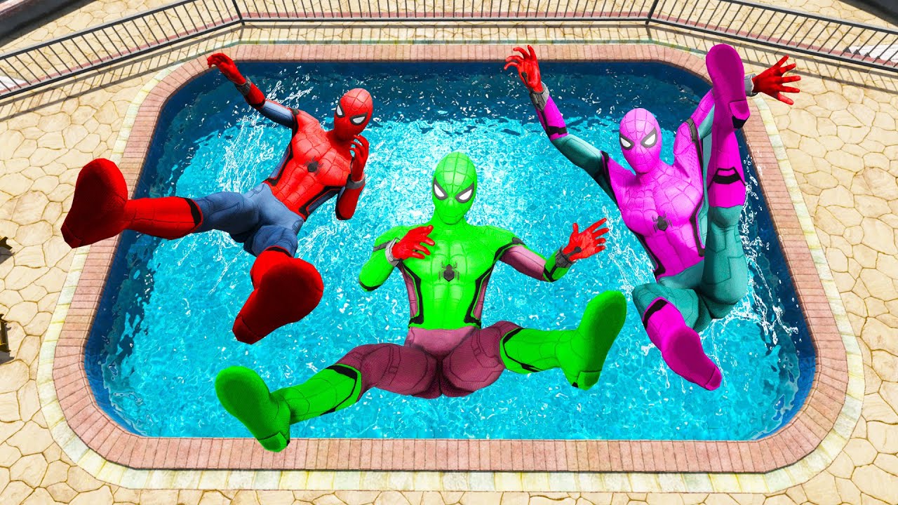 GTA 5 Rainbow Red Vs Green & Pink Spiderman Jumping Into Pool (Euphoria ...