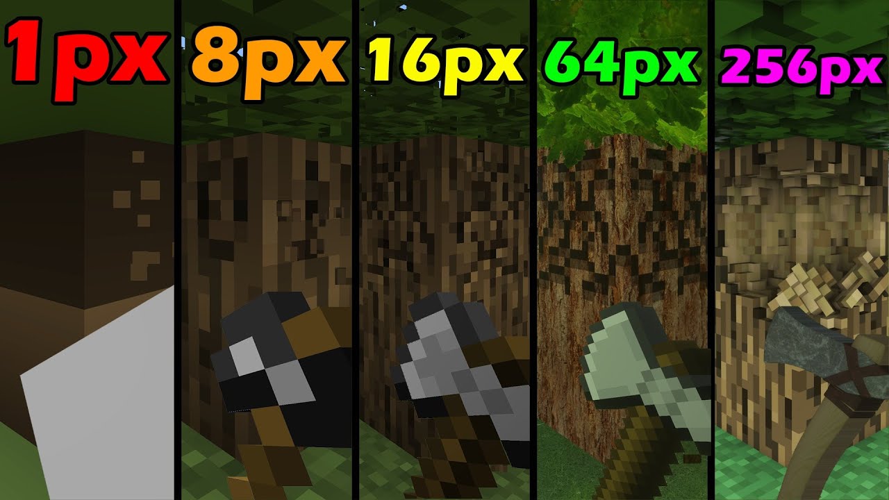 wood mining in 1px vs 8px vs 16px vs 64px vs 256px - YouTube