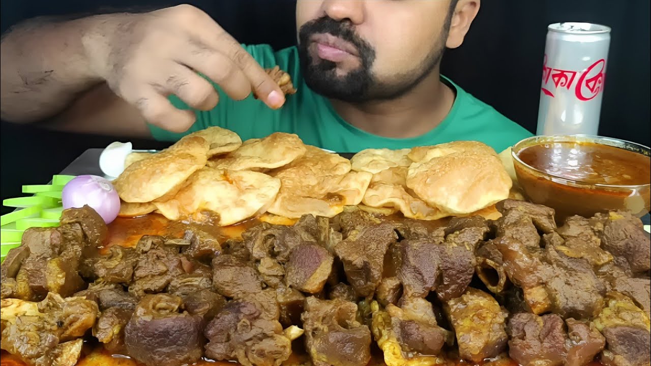 ASMR 2 KG SPICY DESI STYLE MUTTON CURRY, SOFT MINI LUCHI/ PURI, SALAD, COKE ASMR - YouTube
