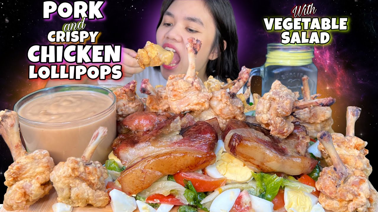 PORK and CRISPY CHICKEN LOLLIPOPS with VEGETABLE SALAD MUKBANG PINOY ...