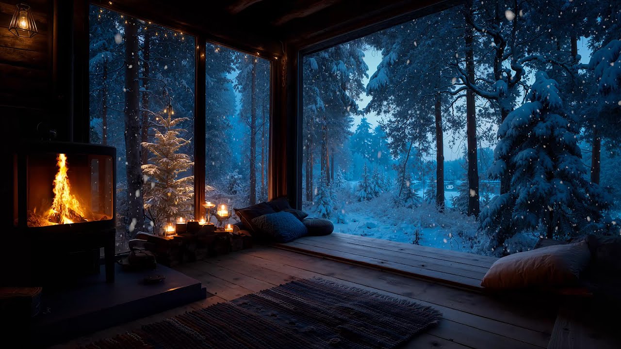 Cozy Winter Cabin with Relaxing Snowfall & Fireplace Background for ...