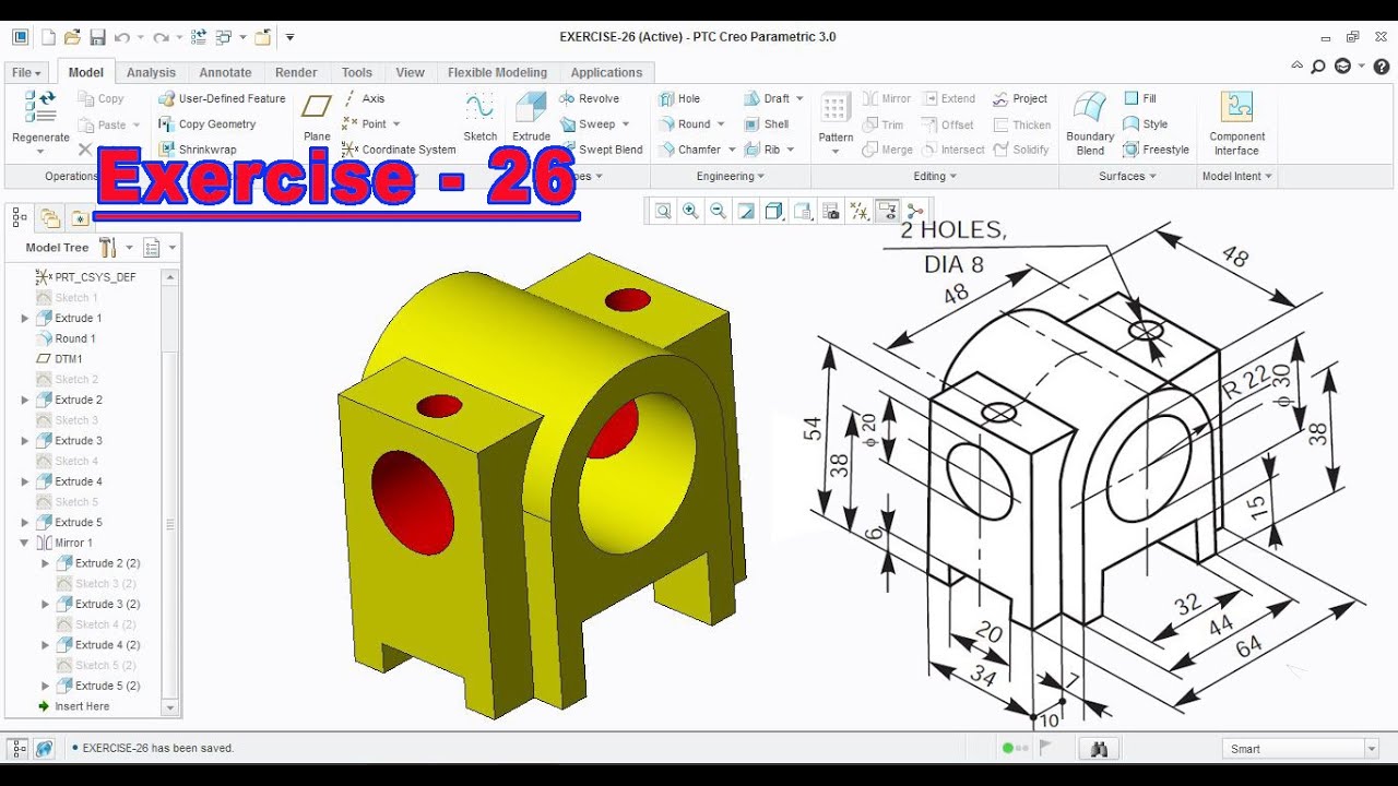 Creo Parametric Exercise - 26 | Creo Exercise Tutorial for Beginner ...