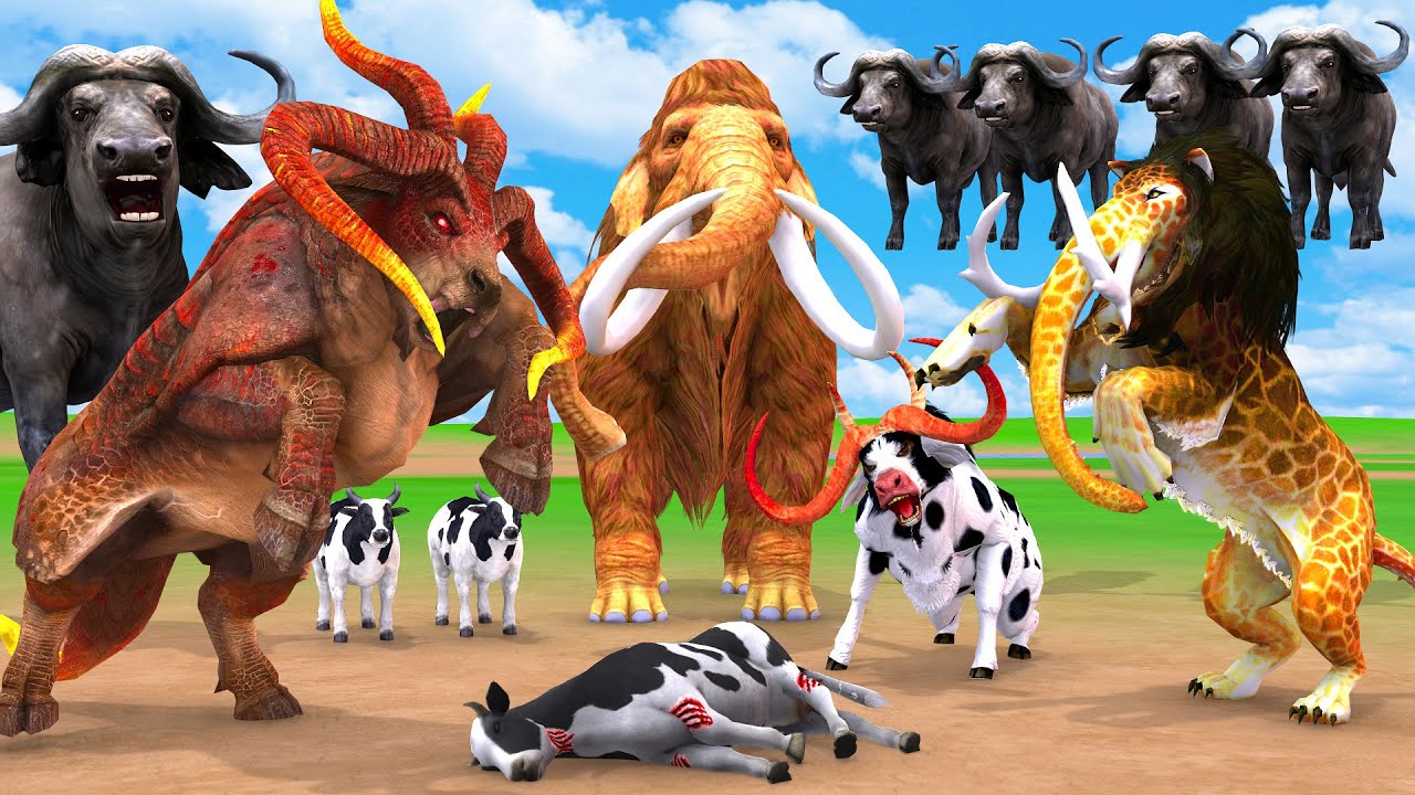 Monster Lion Mammoth Attacks Cow Cartoon Buffalo Saved By Giant Bull ...