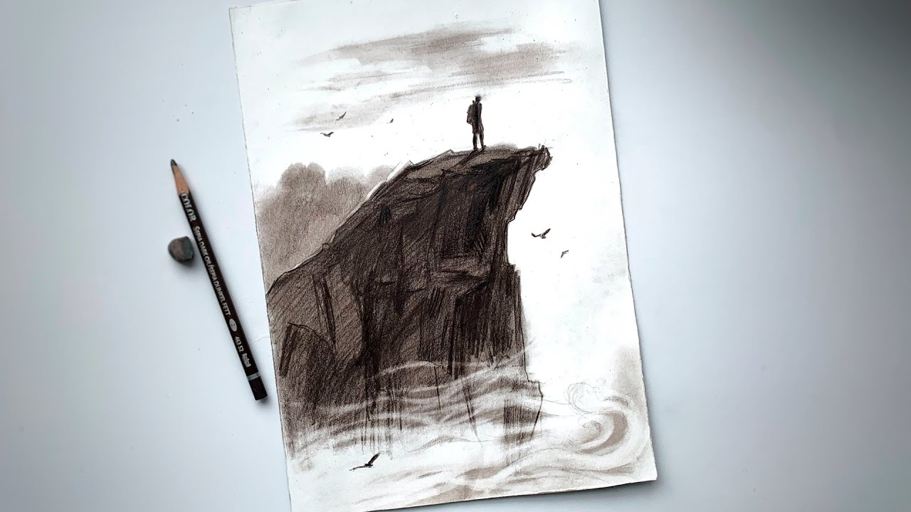 How To Draw A Cliff | With A Pencil | Step By Step - YouTube