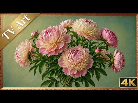 4K Peony Painting Wall Art | 3-Hour of Vintage Art for Your Screen | Gold Framed Screensaver