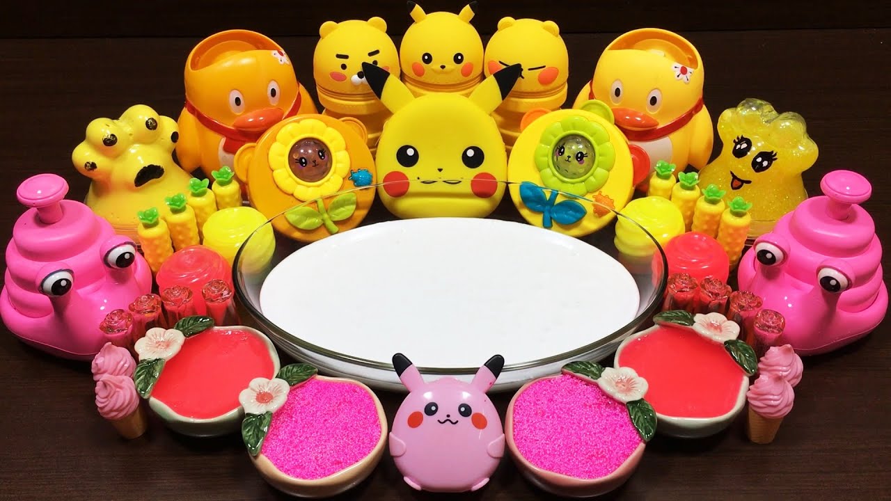 Pink vs Yellow | Mixing Makeup and Clay into Glossy Slime | Satisfying ...