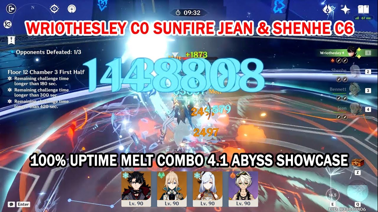 Wriothesley C0 Sunfire Jean & Shenhe C6 - 100% Uptime Melt Combo 4.1 ...