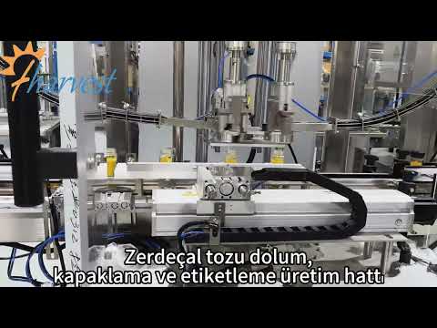 Zerdeçal tozu dolum, çift başlı vidalı kapaklama ve etiketleme makinesi üretim hattı